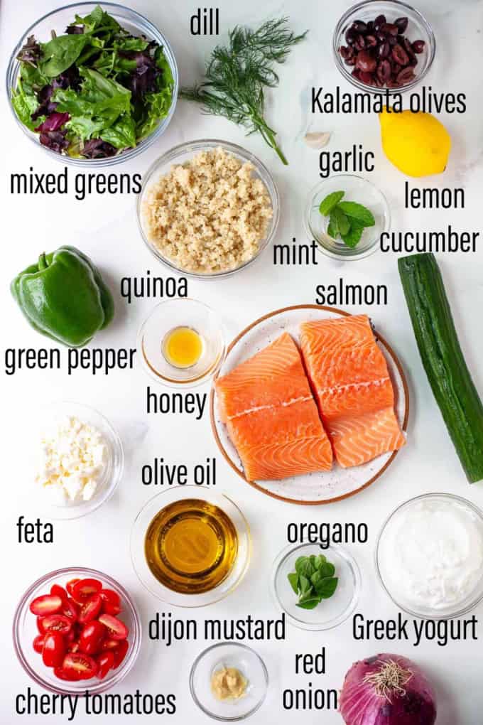 Greek Salmon Quinoa Bowl | Kara Lydon